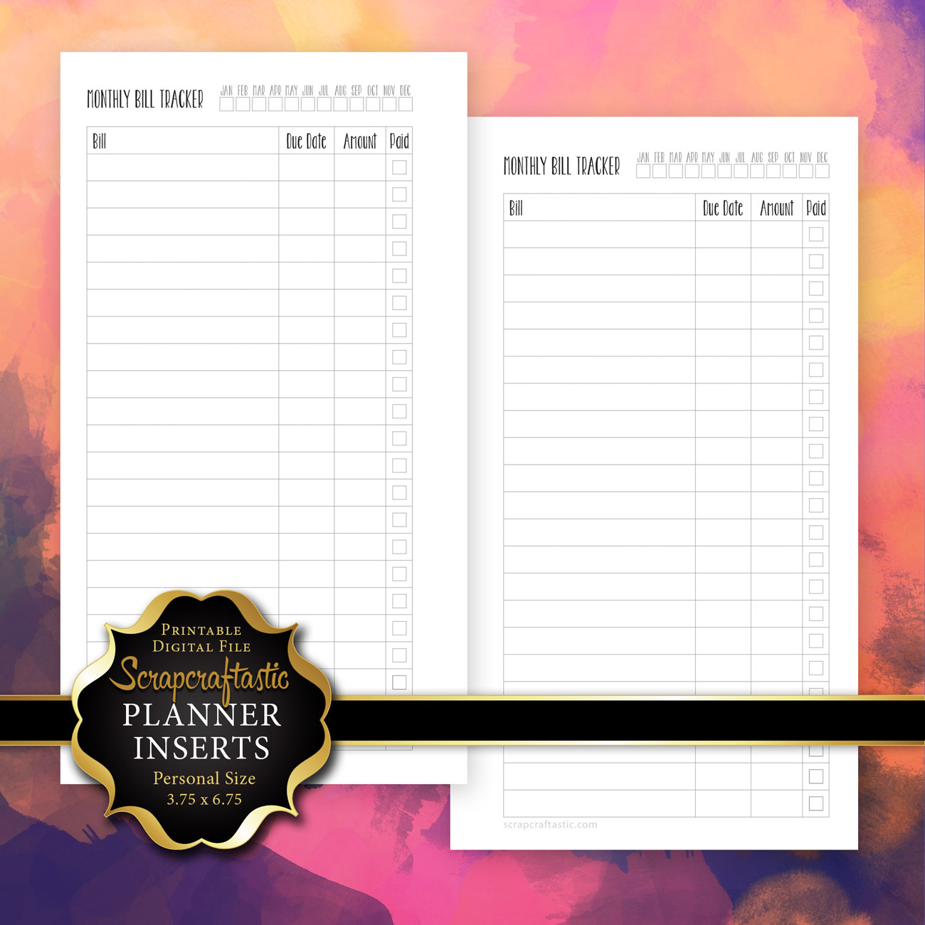 Free Personal Size Bill Tracker Printable Planner Inserts Scrapcraftastic