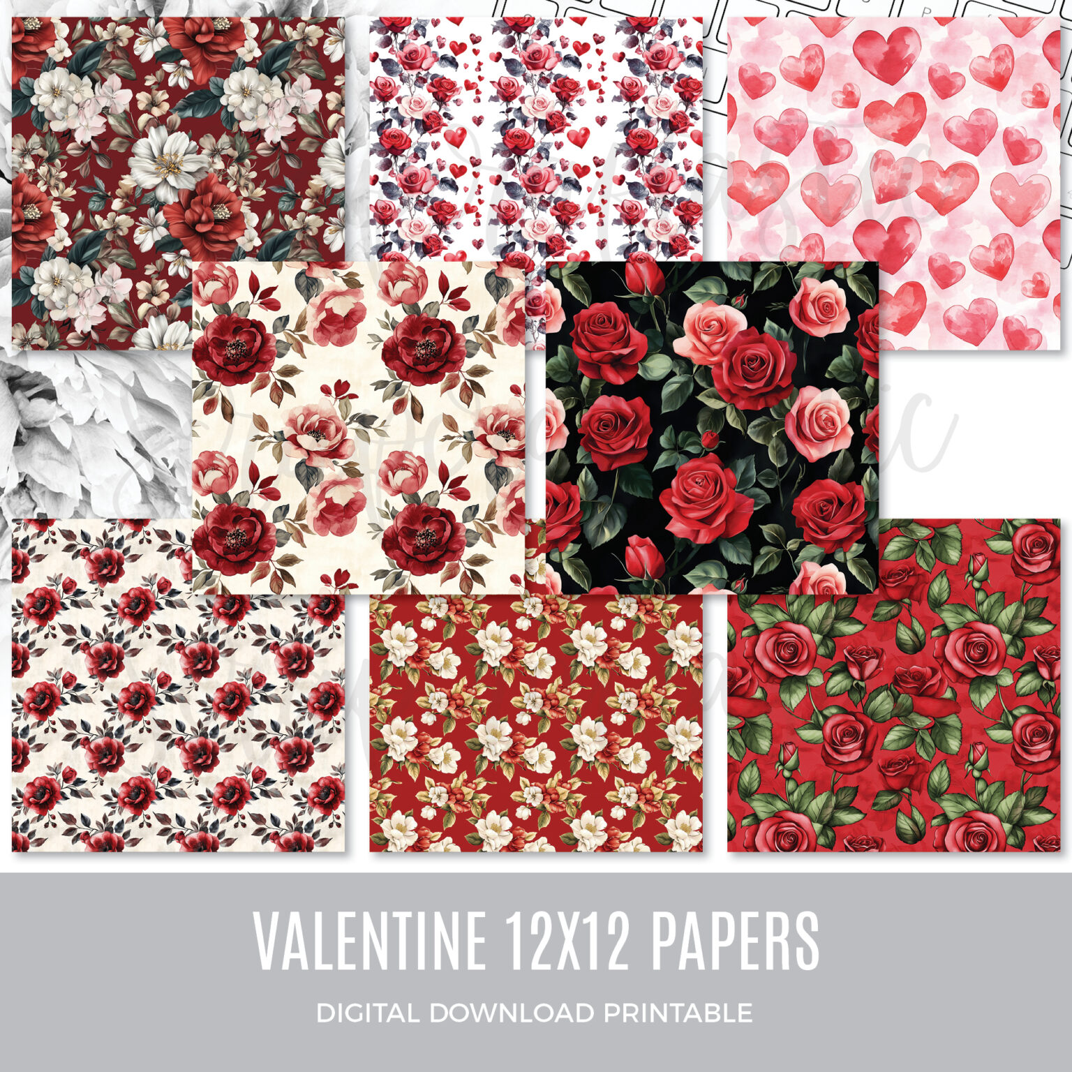 Valentine 12×12 Printable Papers Digital Download
